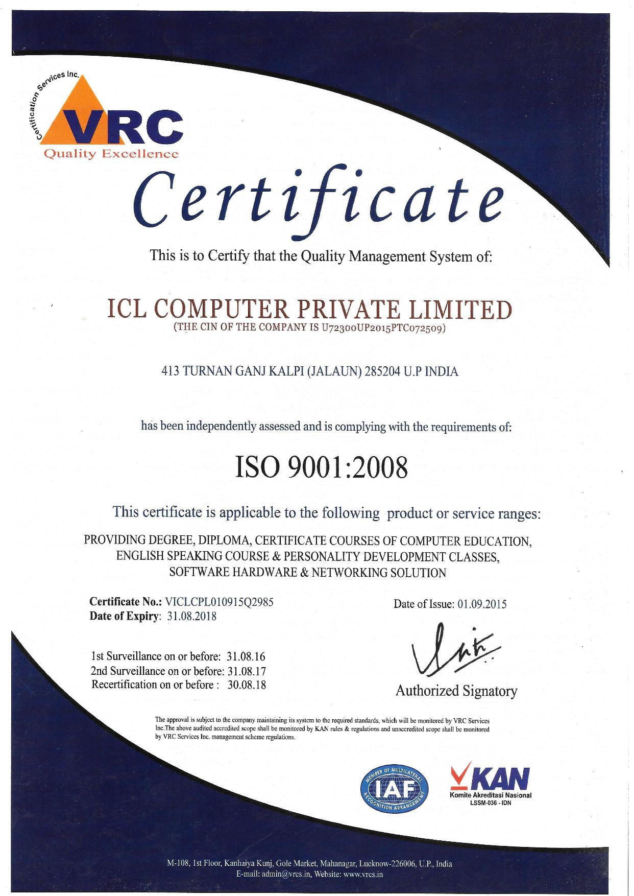 ISO CERTIFIED - ICL Computer Private Limited.